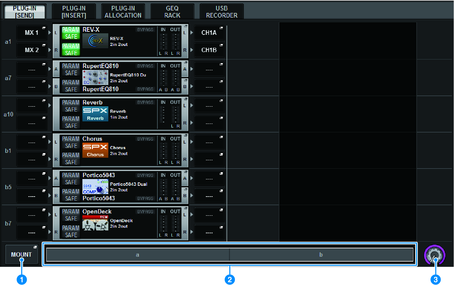 RIVAGE PM Series | PLUG-IN RACK page of the RACK&REC screen
