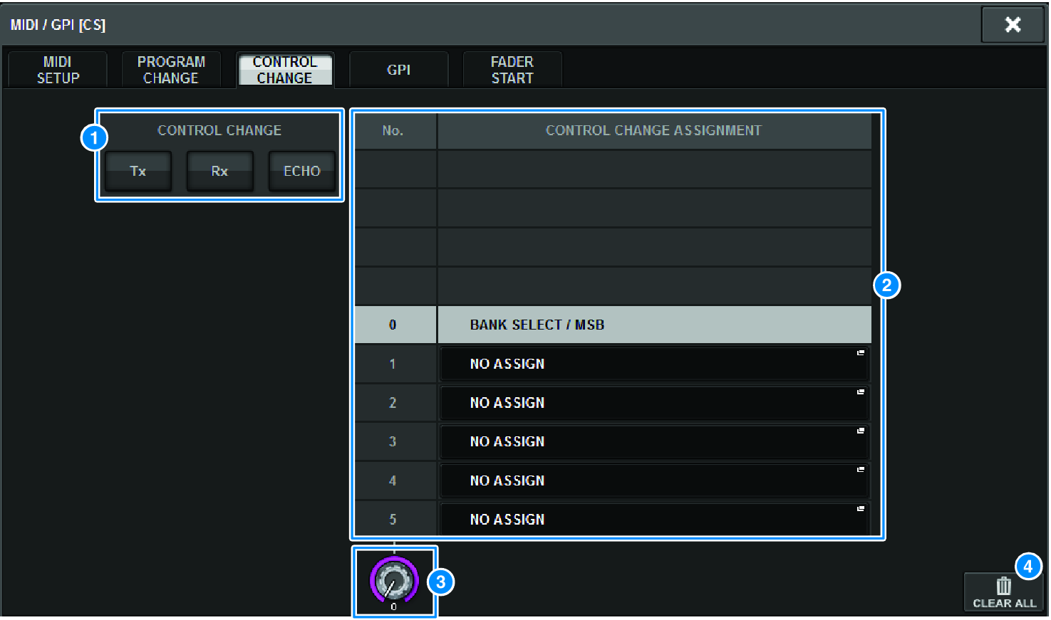 RIVAGE PM Series | MIDI/GPI window (CONTROL CHANGE page)