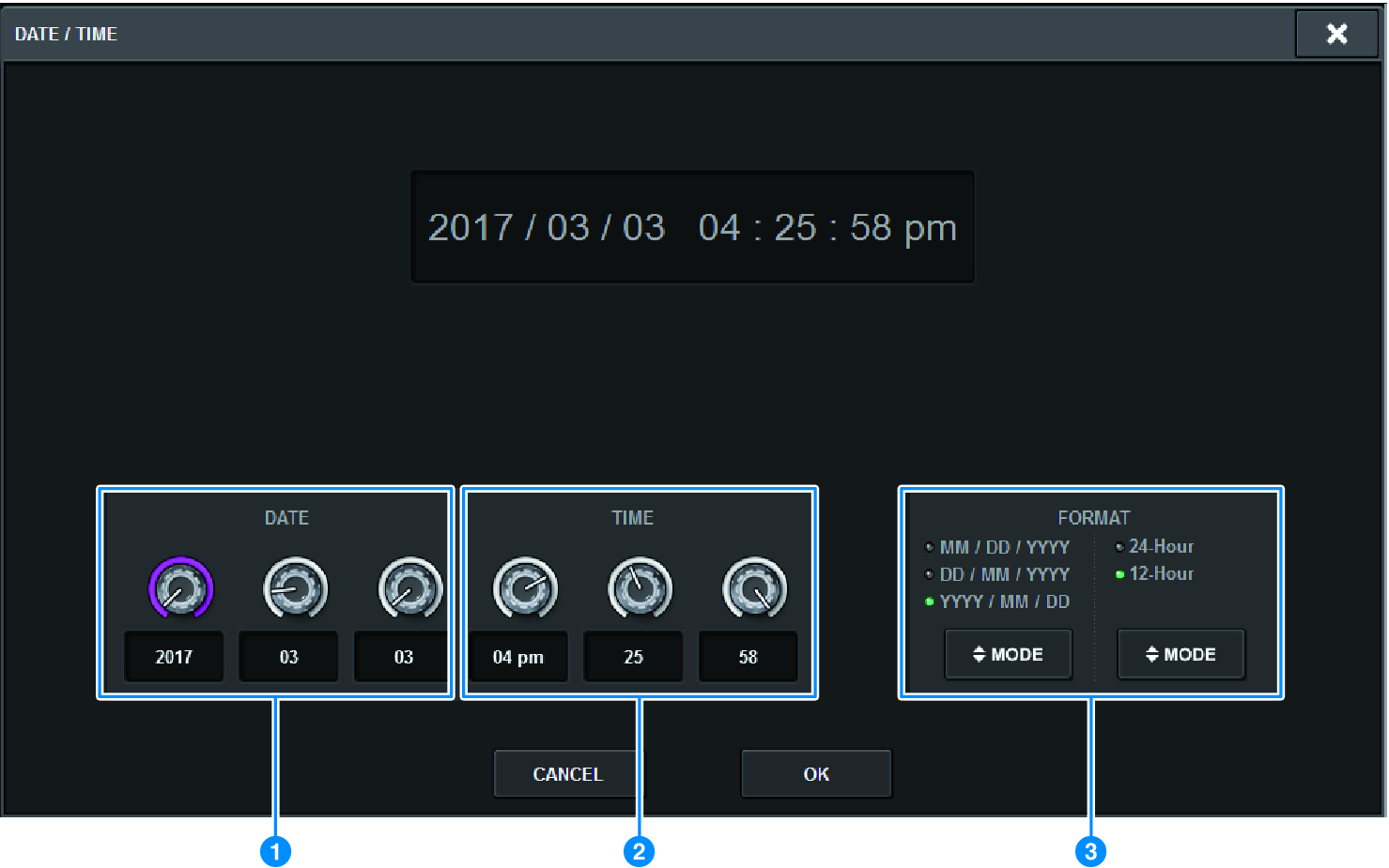 RIVAGE PM Series | DATE/TIME popup window
