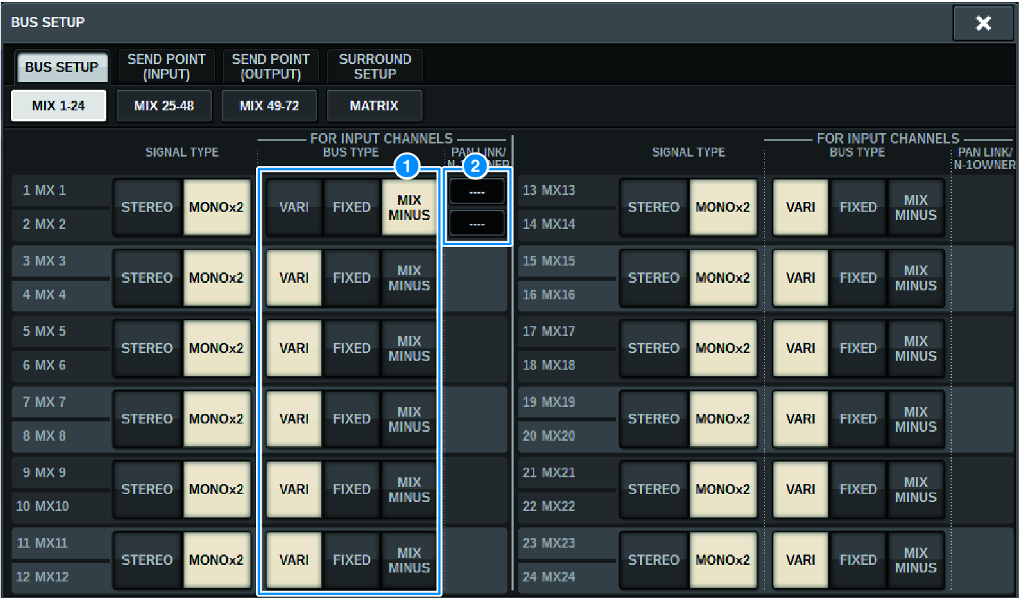 RIVAGE PM Series | BUS SETUP popup window