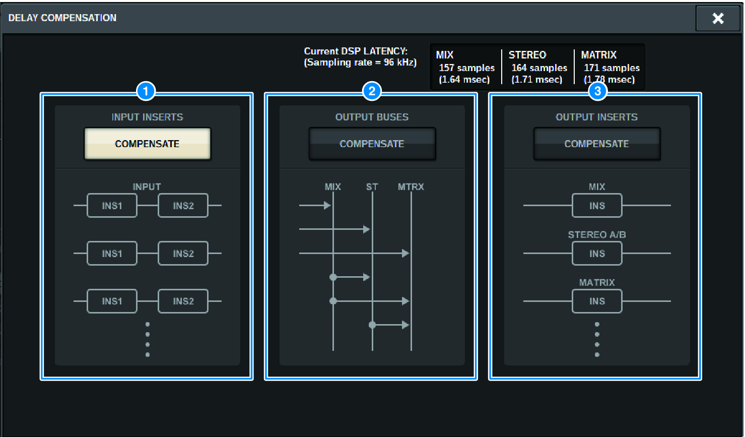 RIVAGE PM Series | DELAY COMPENSATIONポップアップ画面