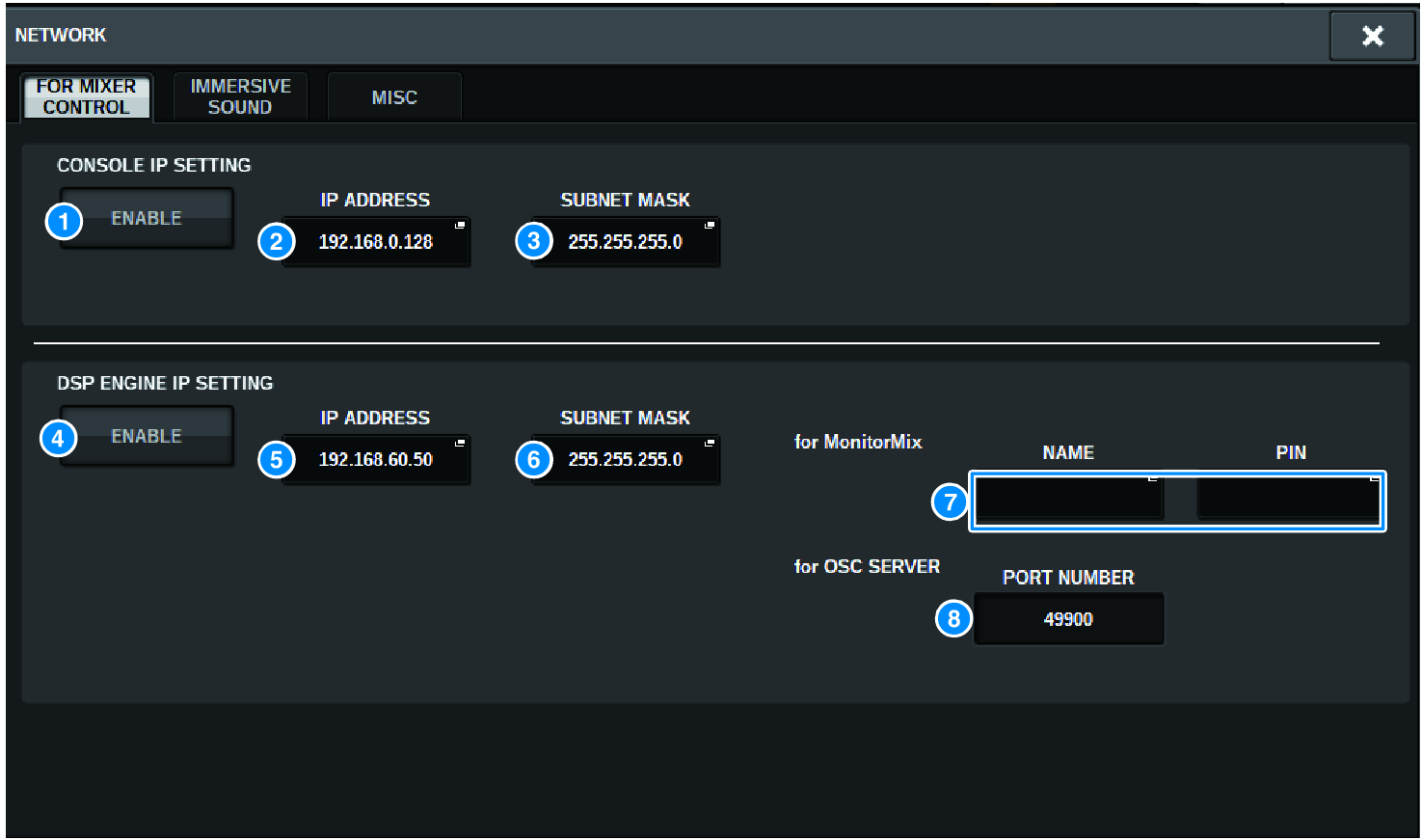 RIVAGE PM Series | NETWORK screen: FOR MIXER CONTROL tab