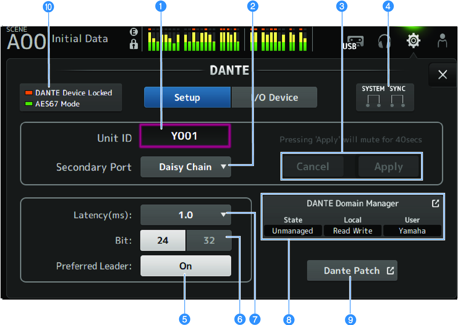 DM3 Series | DANTE (Setup) screen (DM3 only)