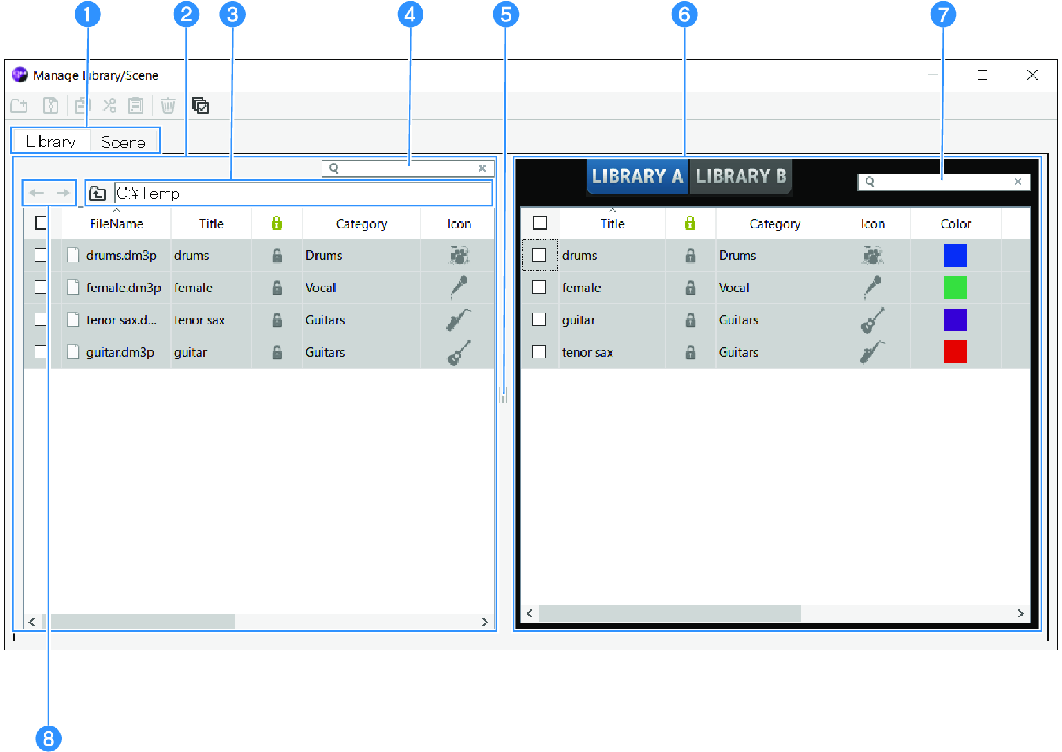 DM3 Series | Manage Library/Scene screen