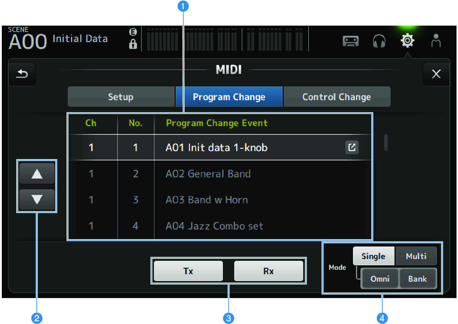 DM3 Series | MIDI（Program Change）画面