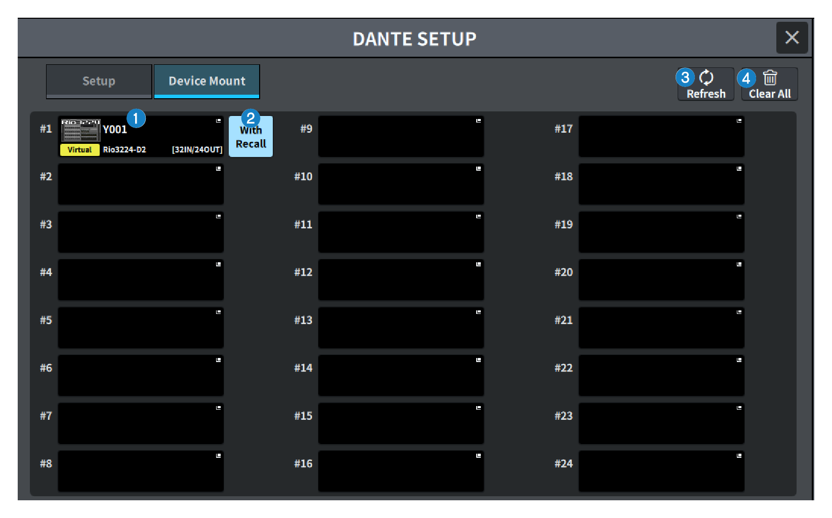 DM7 Series | DANTE SETUP(Device Mount)画面